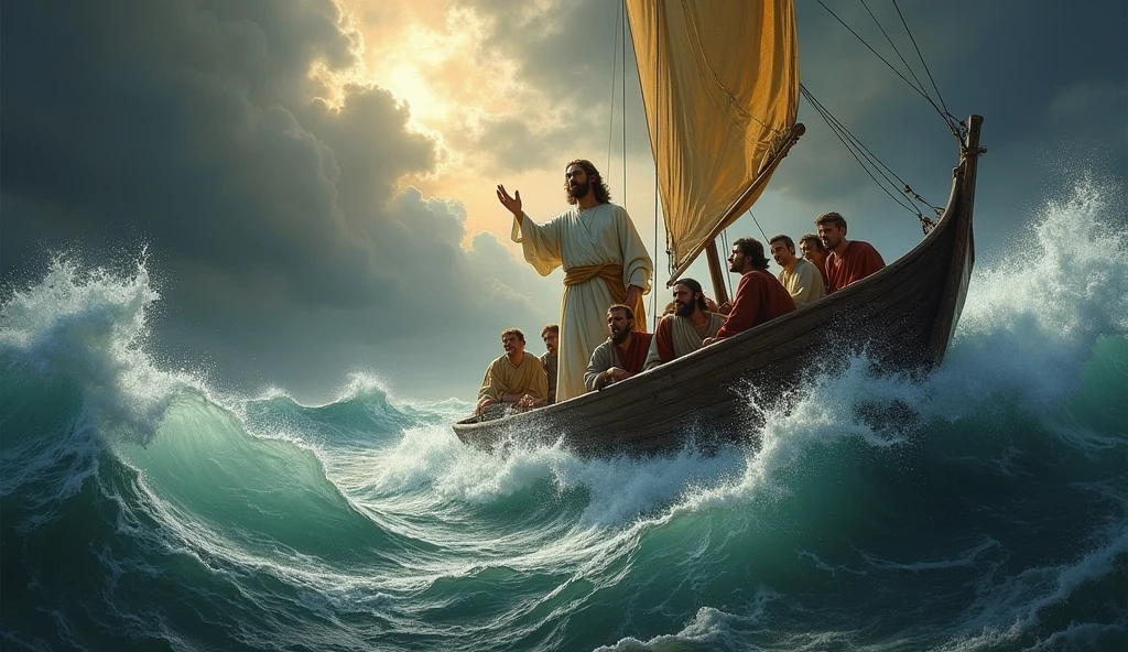 Jesus calms the storm at sea , from inside the boat with the disciples ...