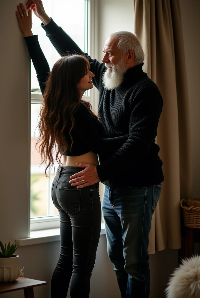 Sexy long hair brunette with fringe, smiling, she is 50 years of age ...