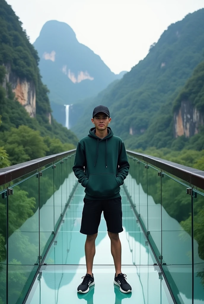 Indonesian Man, 20 years. wearing a baseball cap, wearing a dark green ...