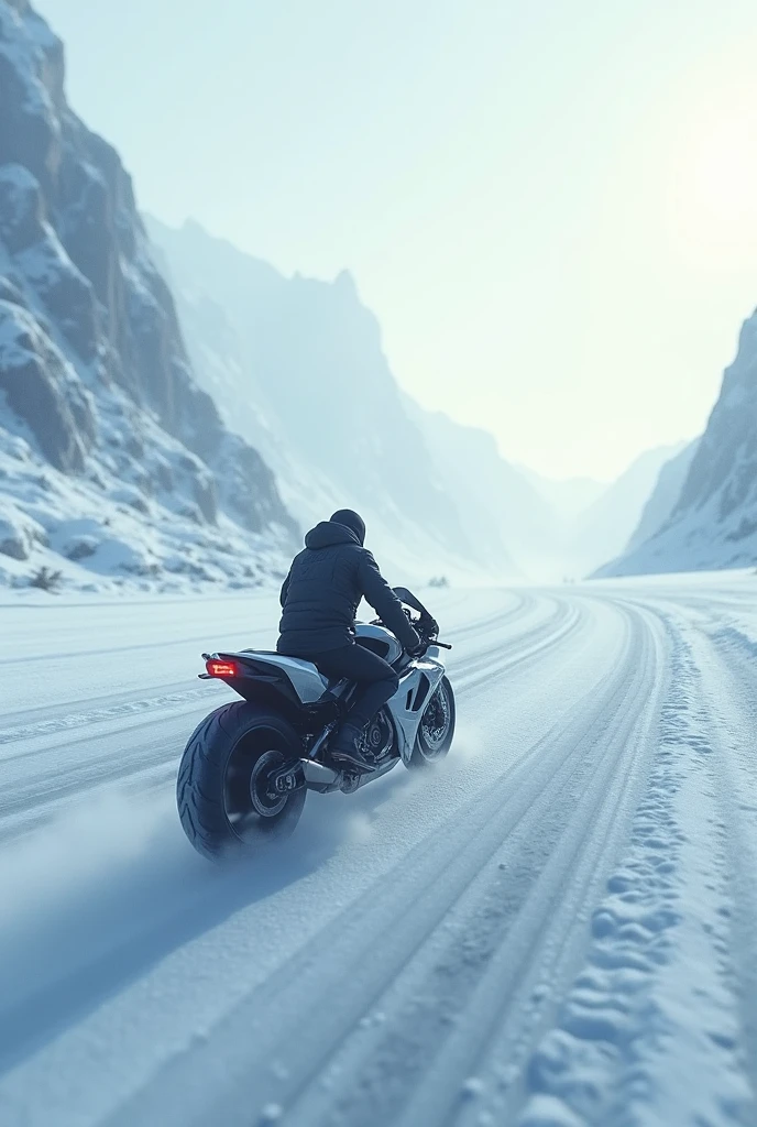 Cold road with linear motorbike in motion with Ice Age 2 - SeaArt AI