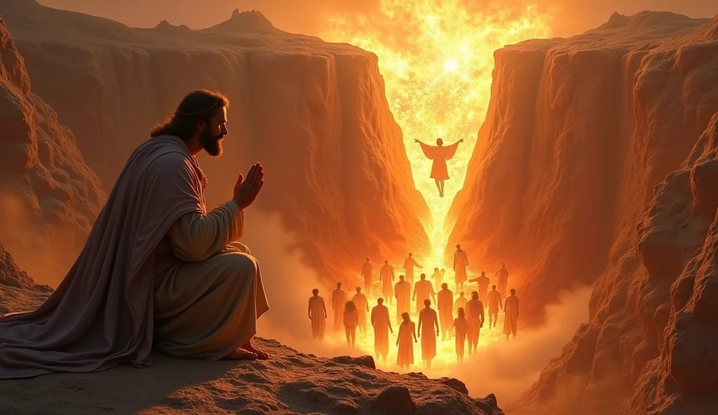 A devastating scene showing Moses kneeling in prayer, his face serene ...