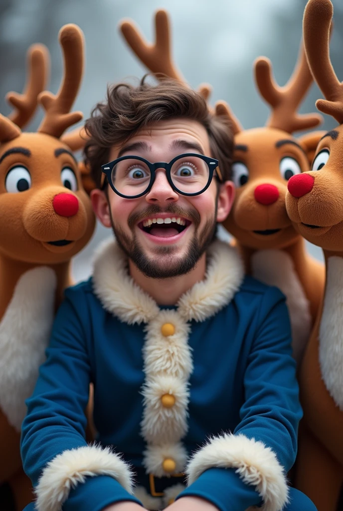 A cheerful young man with beardless glasses , wearing a blue Santa ...