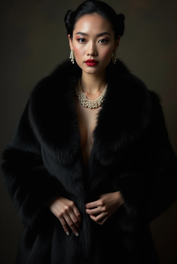 Arafed woman in fur coat , pearls and necklace , гладкий dark fur ...