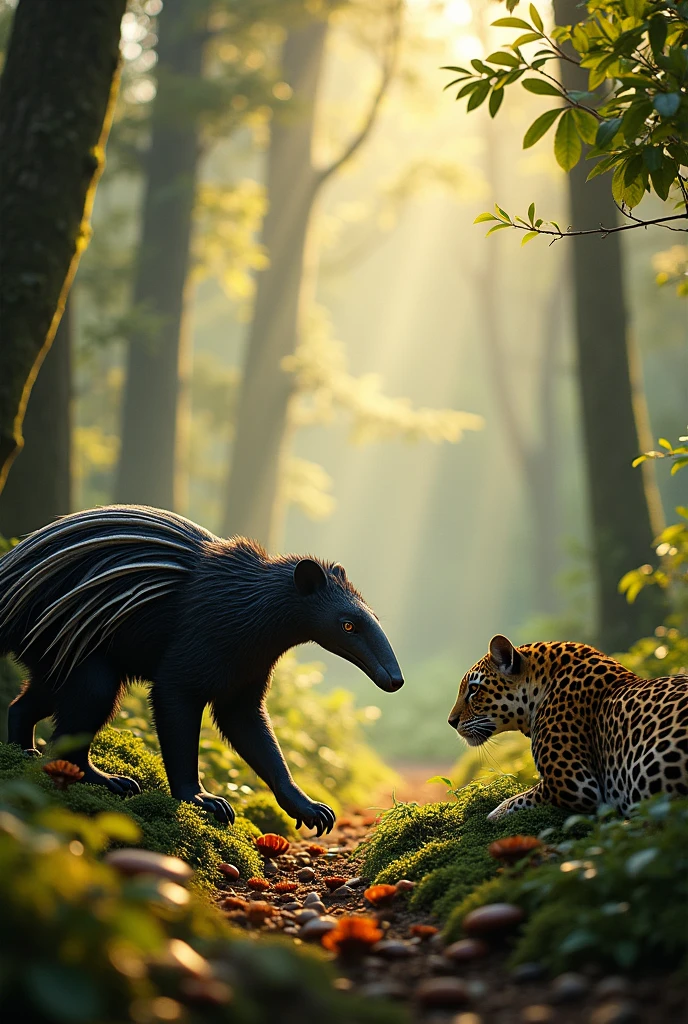 A giant anteater and a jaguar meet in a mystical forest, their ...