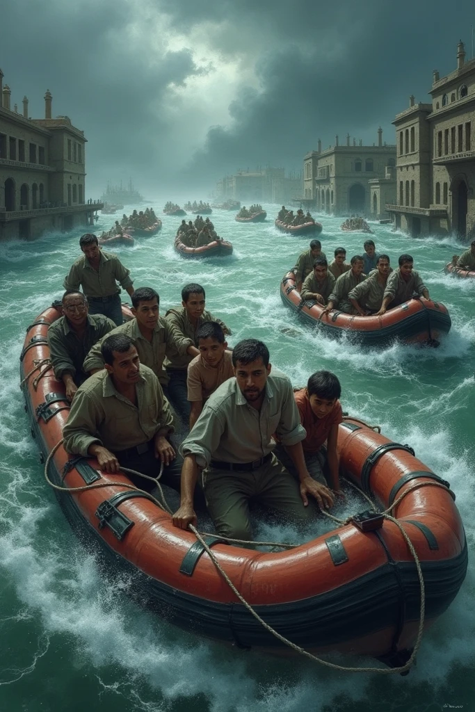 Image of people escaping from flood, with lifeboats - SeaArt AI
