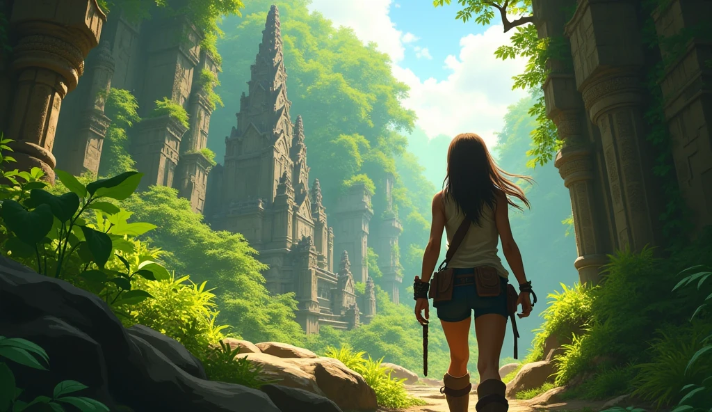 A female explorer in ancient ruins, fantasy anime, jungle environment ...