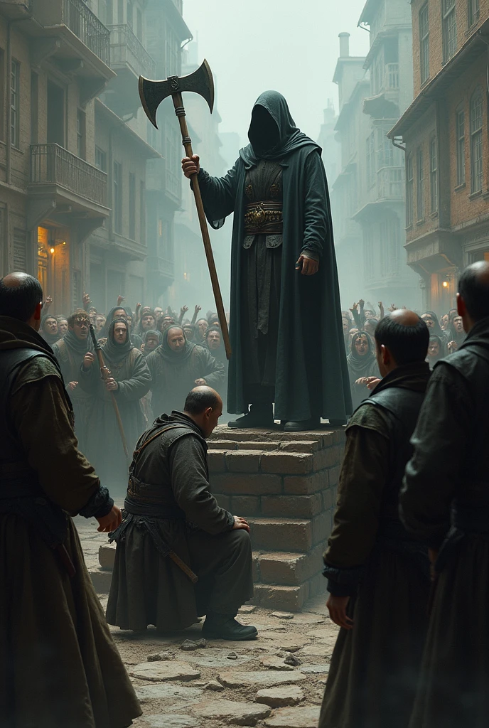 An executioner with an ax stands at the scaffold , the criminal is ...