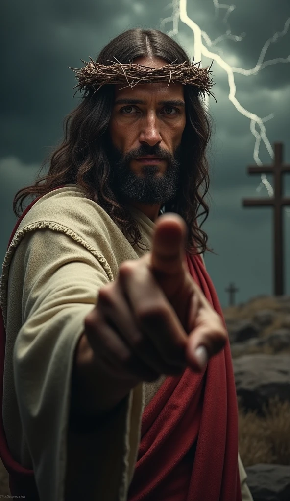 A dramatic and realistic portrait of Jesus Christ in the foreground ...