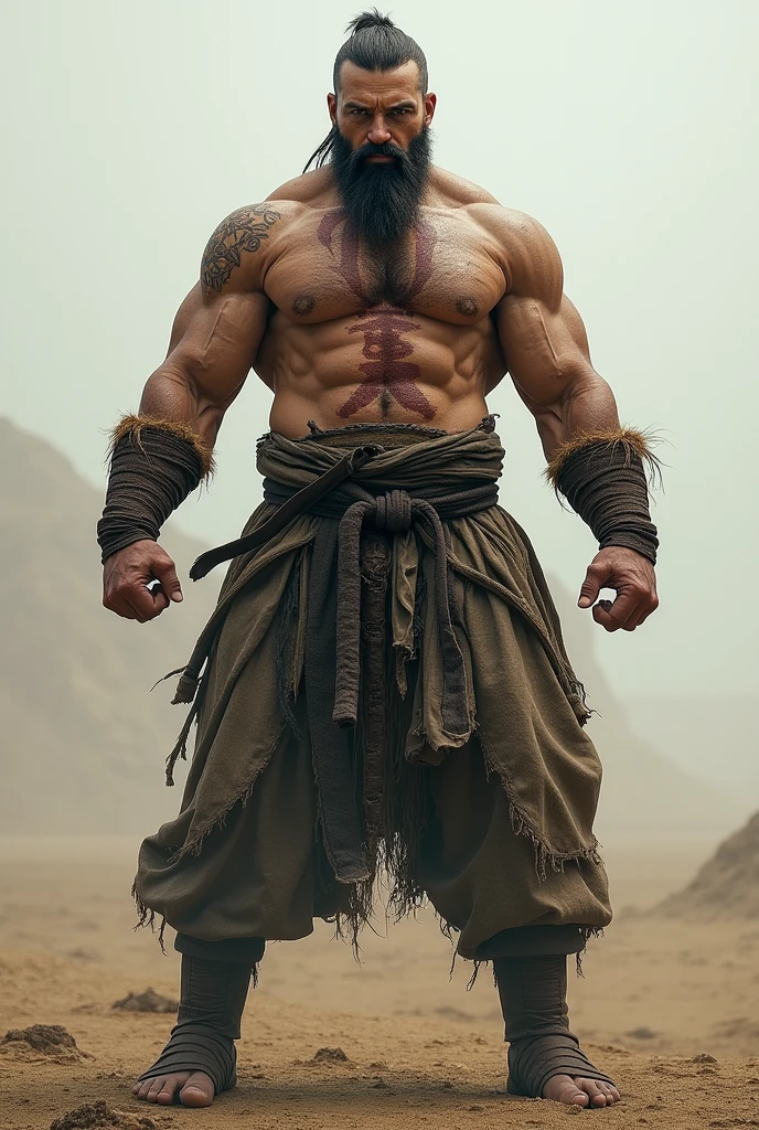Muscular, vagrant-looking martial arts warrior with a rare symbol on ...