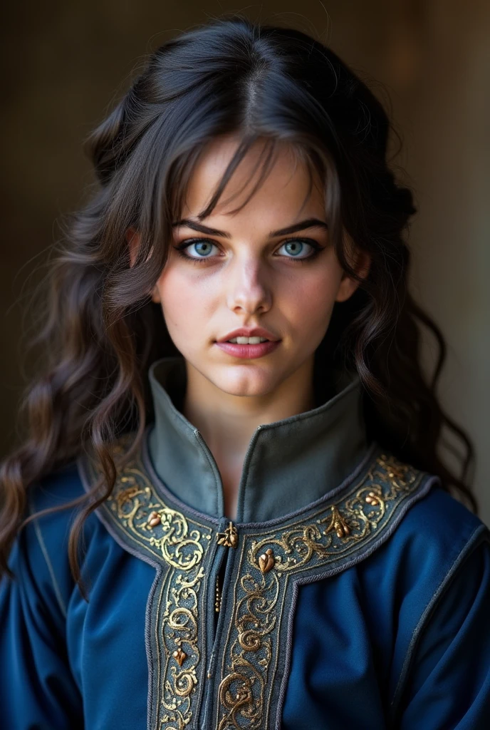 A young noble Girl with dark hair and vivid blue eyes wearing a ...