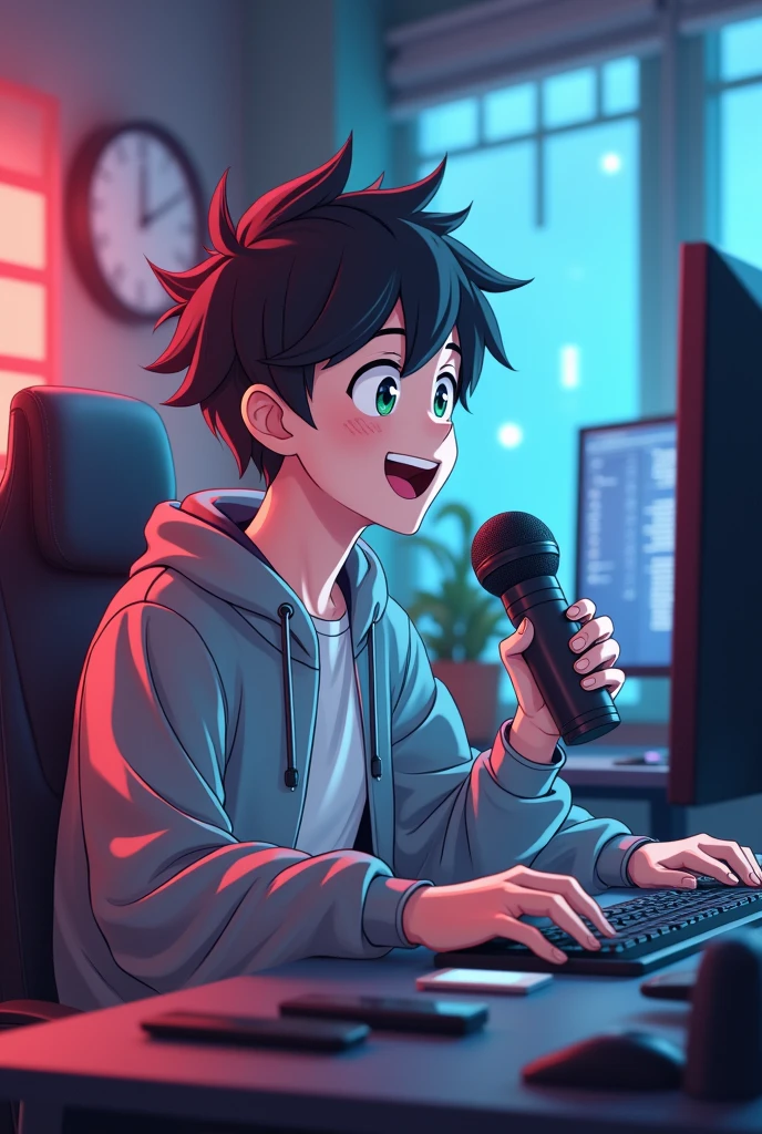 A anime man character which is sitting behind a computer table and ...