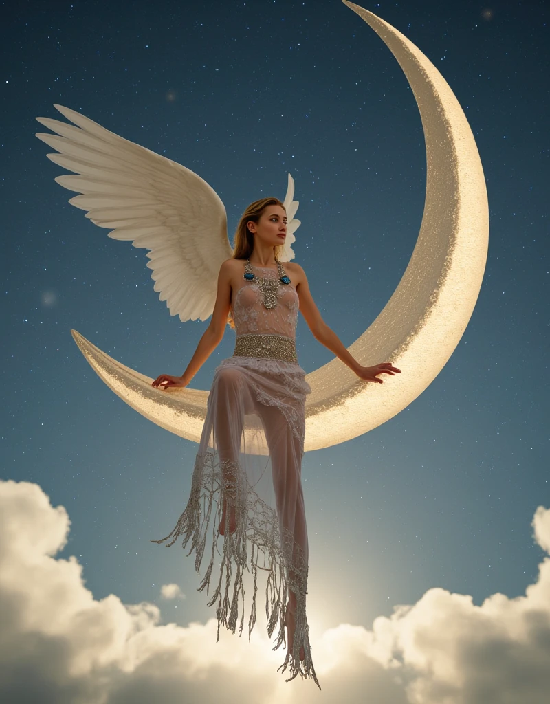 Low angle shot of a resplendent, golden-haired angel, adorned in a ...