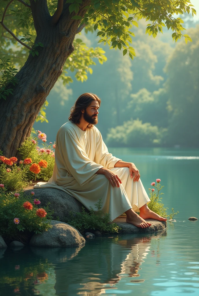 "Create a peaceful scene of Jesus sitting by a still lake, surrounded ...