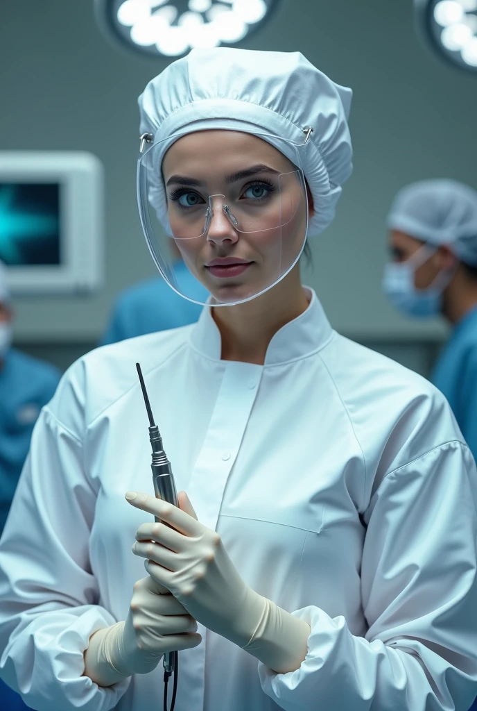 Female nurse wear a white latex shiny gown and face shield and a white ...