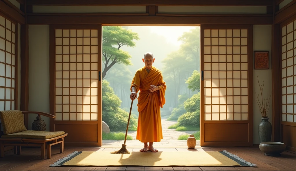 A Buddhist monk cleans up his house - SeaArt AI