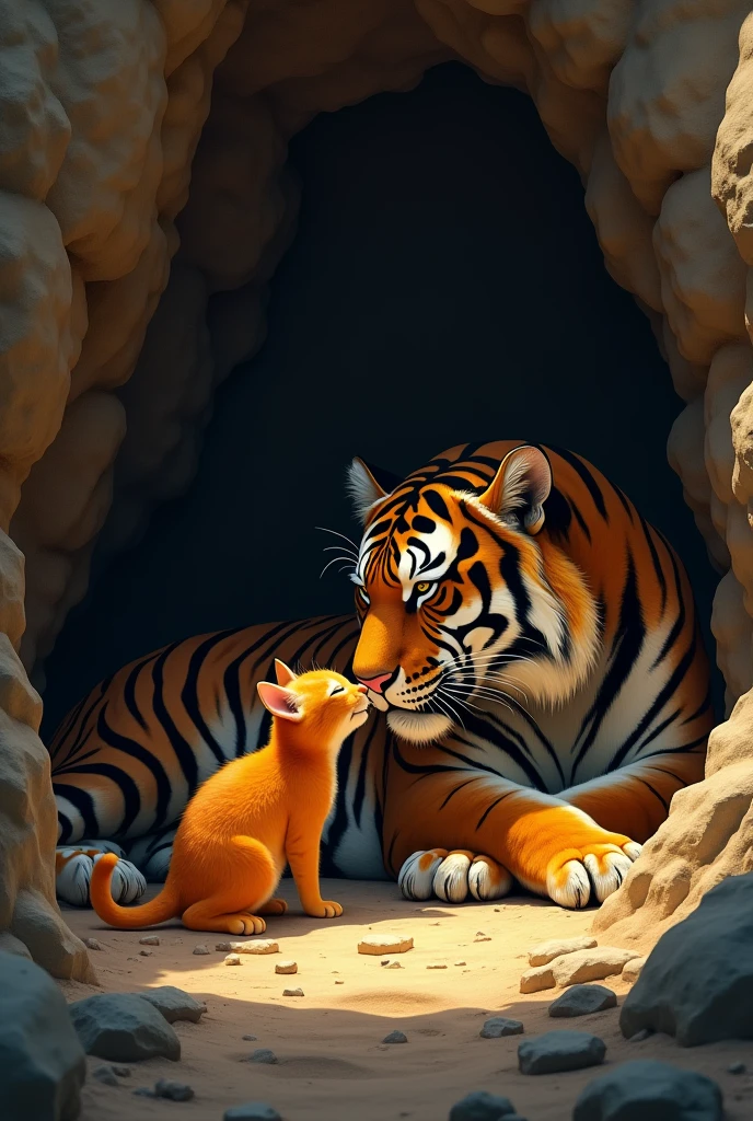 Orange cat licking sleeping tiger in cave - SeaArt AI