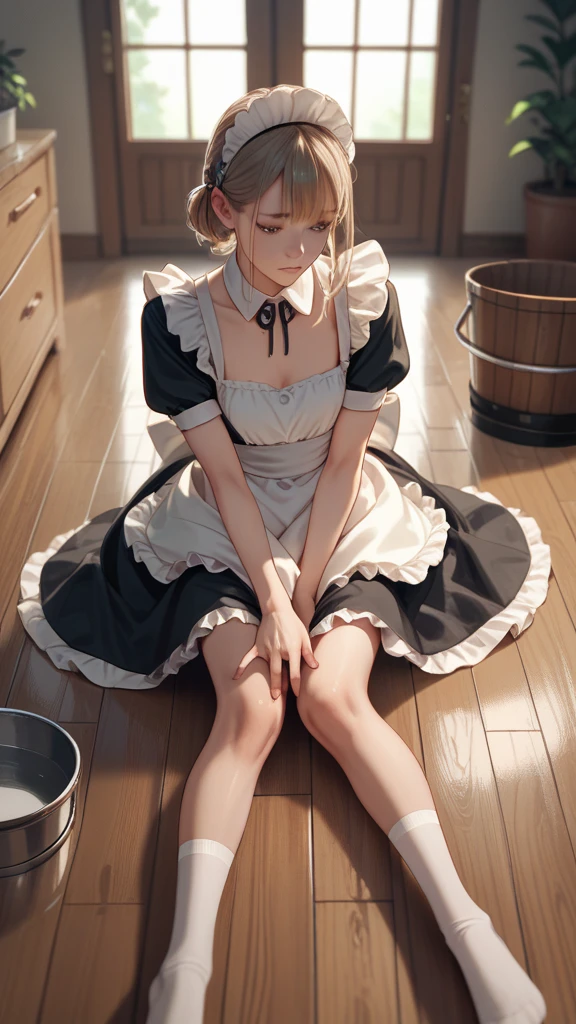 a girl ，Maid costume，Indoors， kneel down on the wooden floor - SeaArt AI