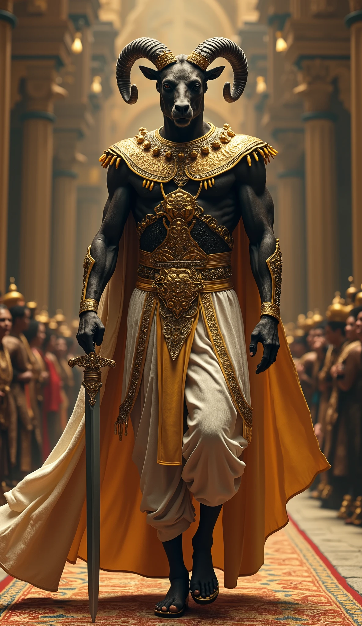 Arafed man in a golden outfit with a sword and a goat head - SeaArt AI