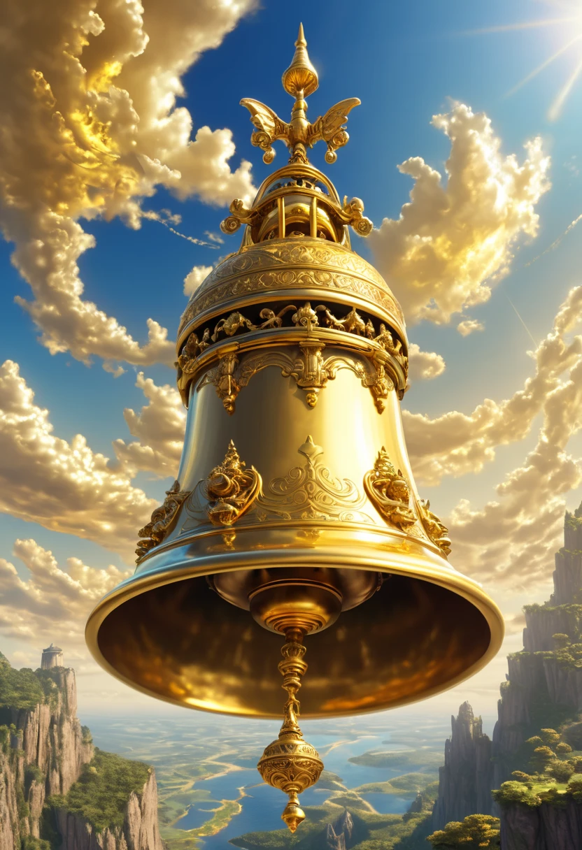 Fantasy art, huge golden plated bell floating in the sky, 2.5D - SeaArt AI