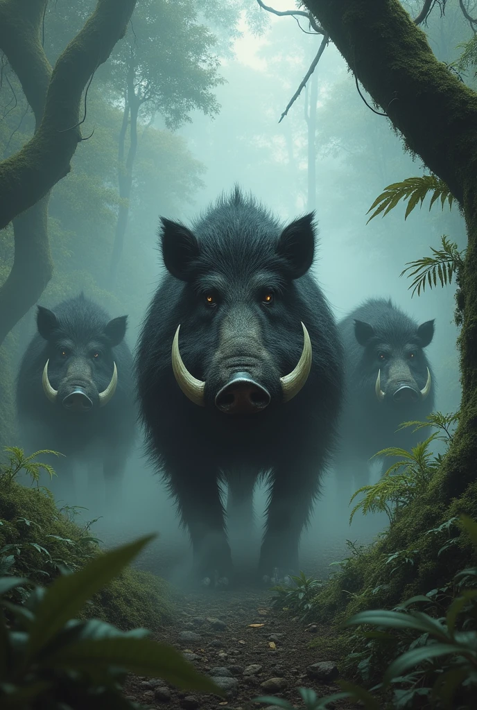 Dark-haired wild boars in the cloud forest - SeaArt AI