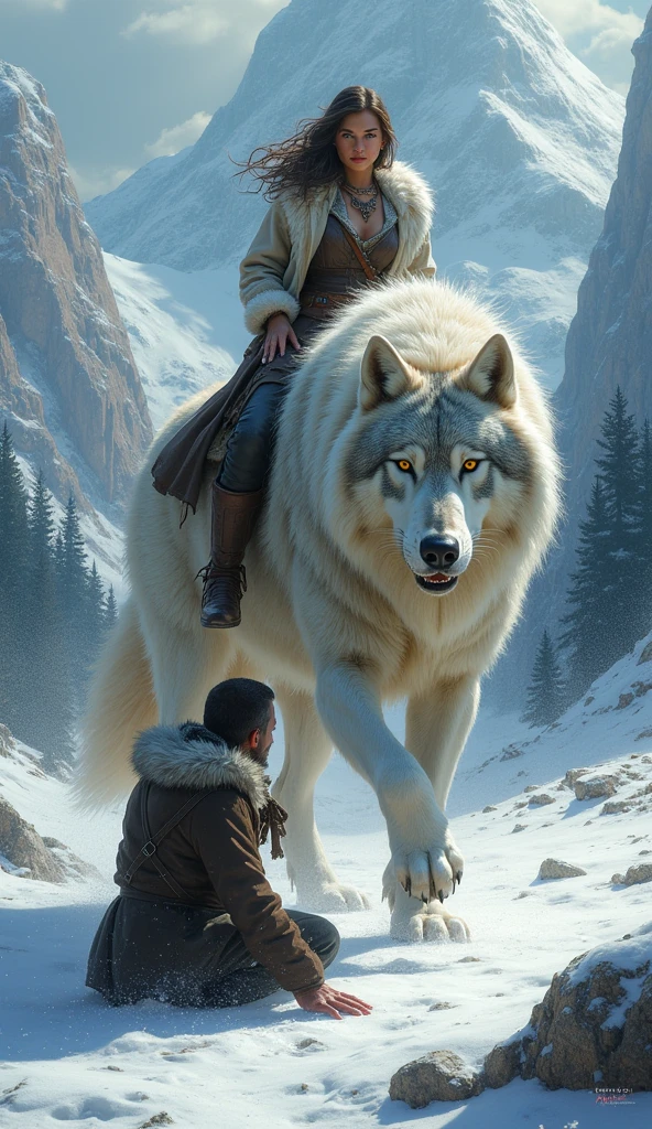 In a snow-covered landscape, a fierce woman rides a massive wolf ...