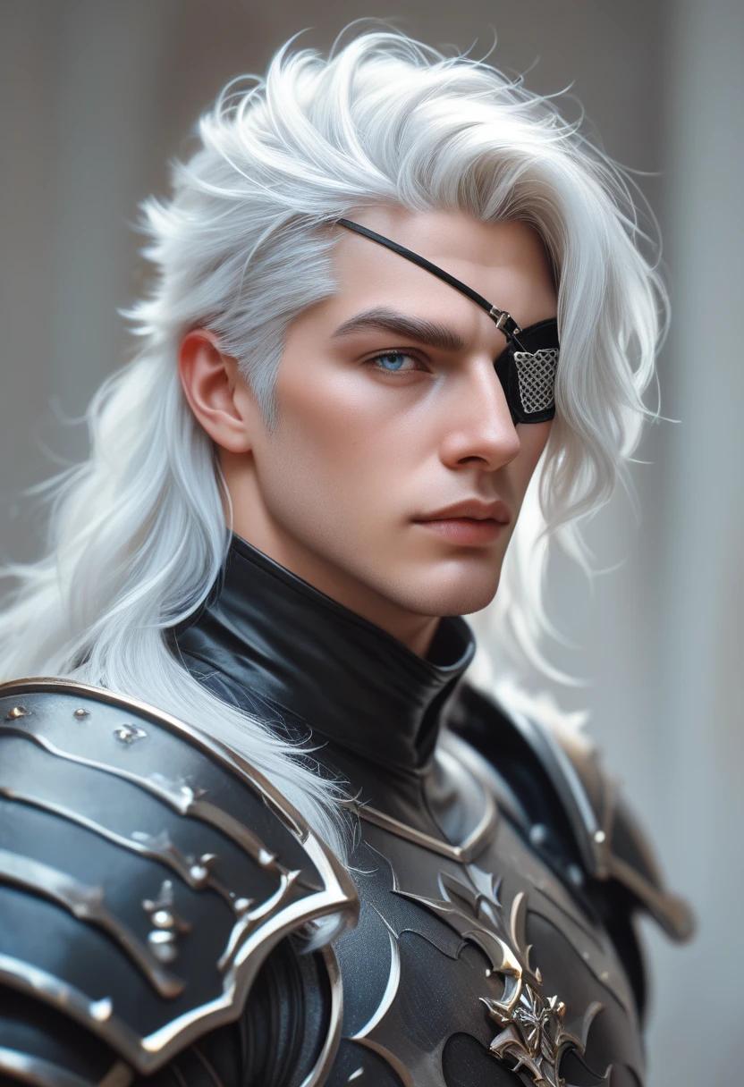 A man with an eyepatch over one eye, Targaryen white hair, black armor ...