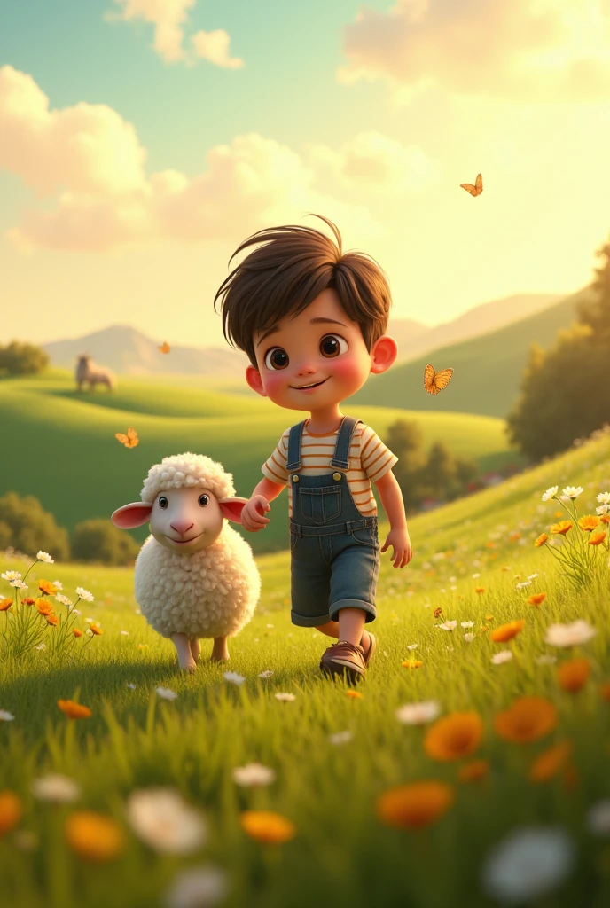 Cartoon of a boy and a sheep walking through the field, in Disney Pixar ...