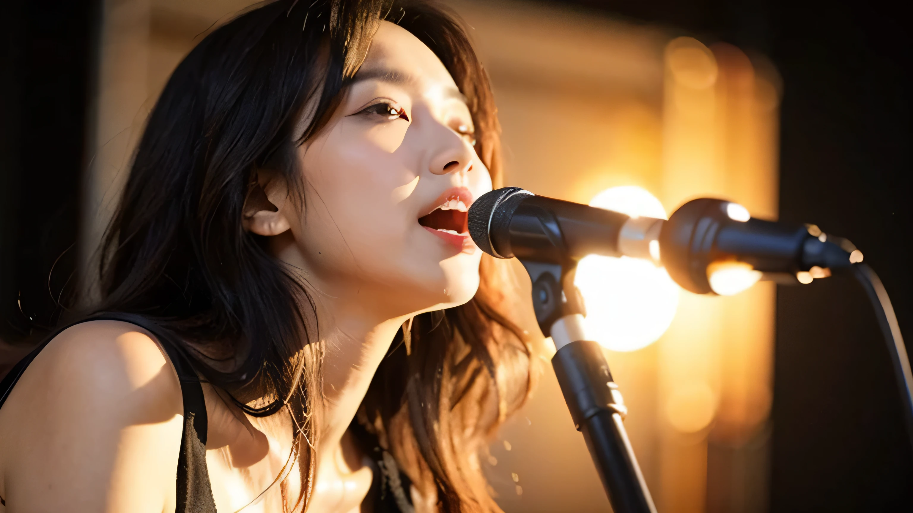 Woman singing into a microphone in front of a microphone light - SeaArt AI