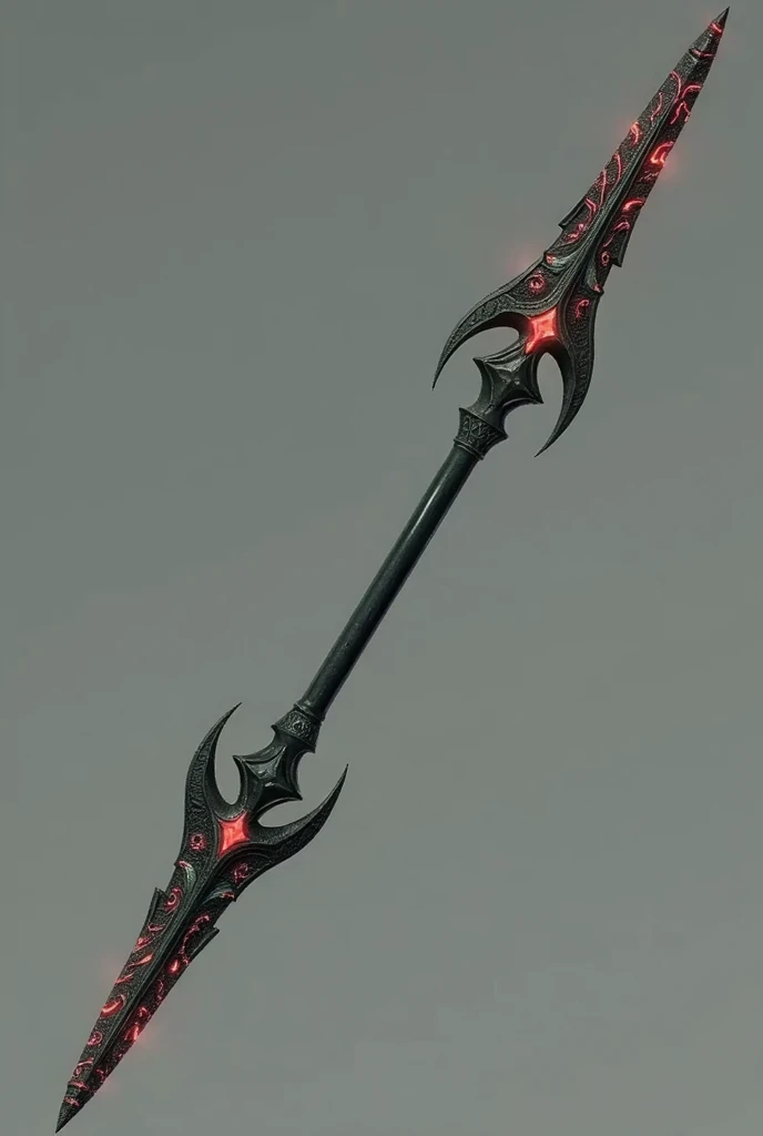 A two-bladed glaive with a long, black staff. At the top and bottom ...