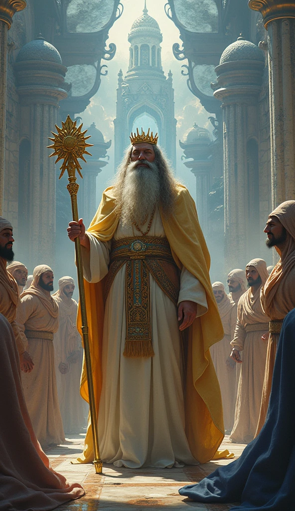 Prophet Solomon, long hair, standing holding a golden staff, wearing a ...