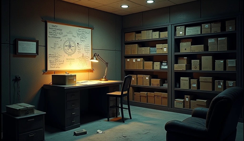An office hidden underground with shelves full of classified files and ...