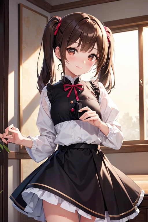 shiny brown hair with closed eyelids, Medium Hair , 、(( , twin tails ...