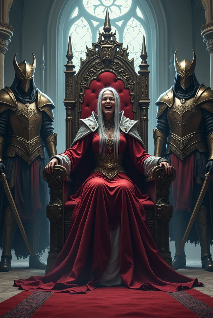 A queen in middle earth times, sitting on a throne, with a mad face ...