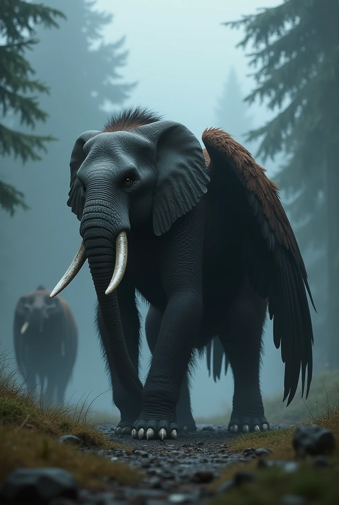 A lone hybrid creature blending elephant, gorilla, and eagle features ...