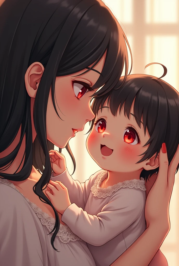 Newborn black-haired anime baby with red eyes , smiling and playing ...