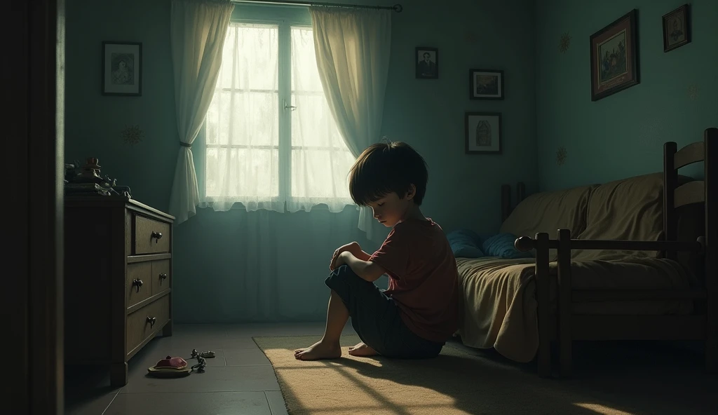 A sad boy sitting inside his house - SeaArt AI