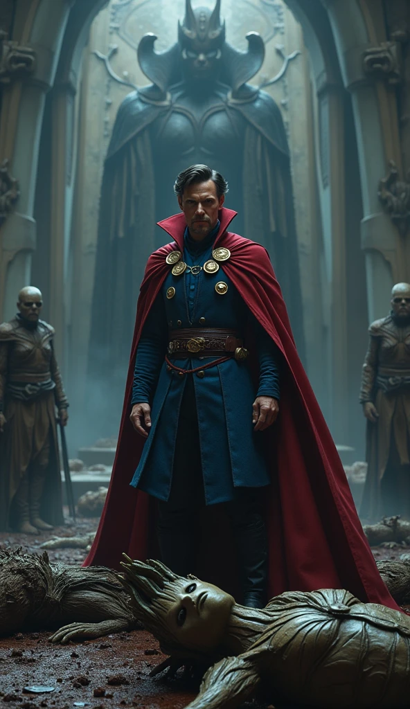 Make a realistic image where dr strange wearing costume standing near ...