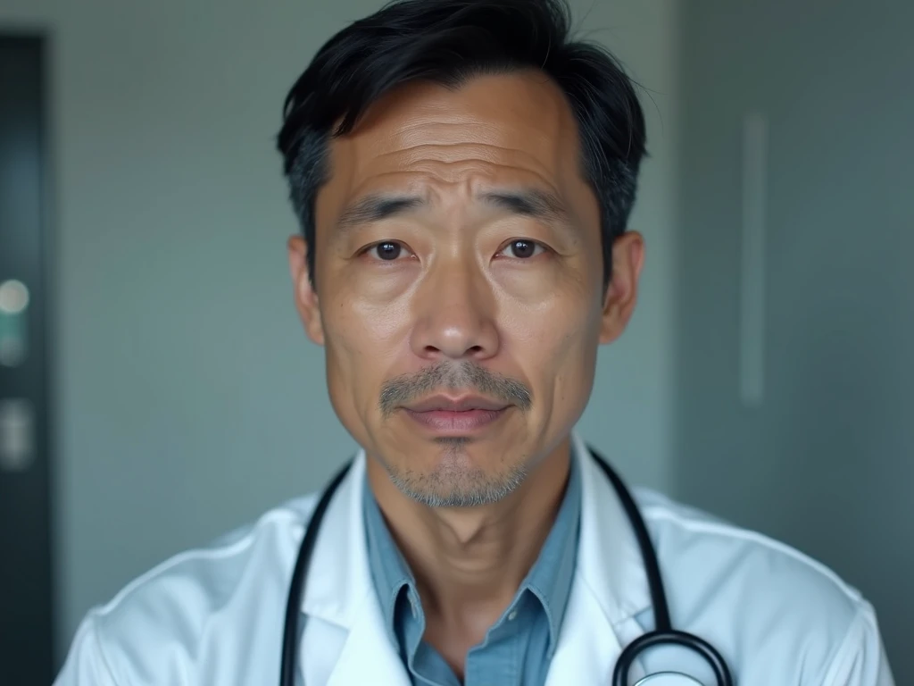 "A serious-looking male doctor of East Asian descent, wearing a white ...
