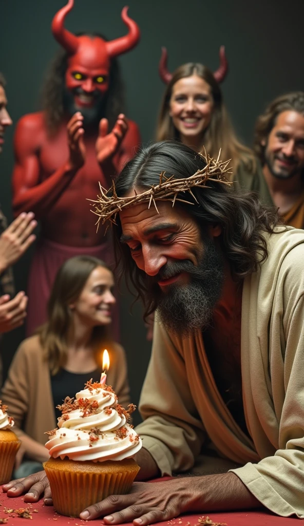 We get a side view of a very thin and sad Jesus with shabby clothes and ...