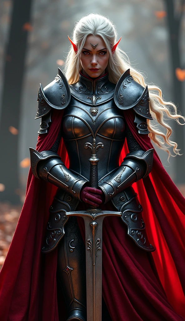 A female elven blood knight, highly detailed armor, intricate sword ...