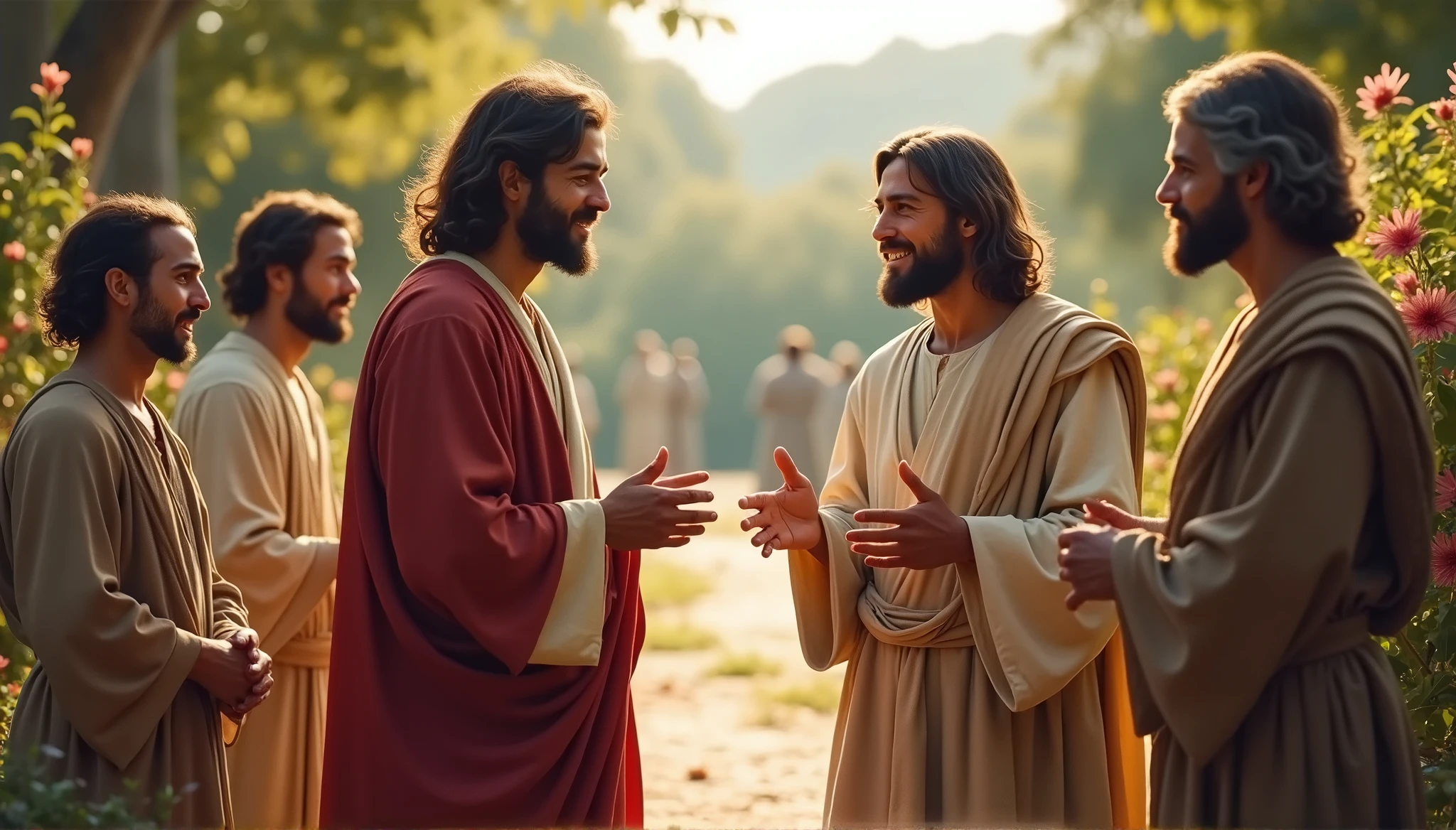 Jesus talking to a group of people in a garden - SeaArt AI