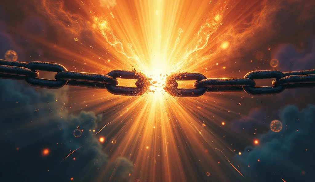 A pair of chains breaking , with a background that combines rays of ...