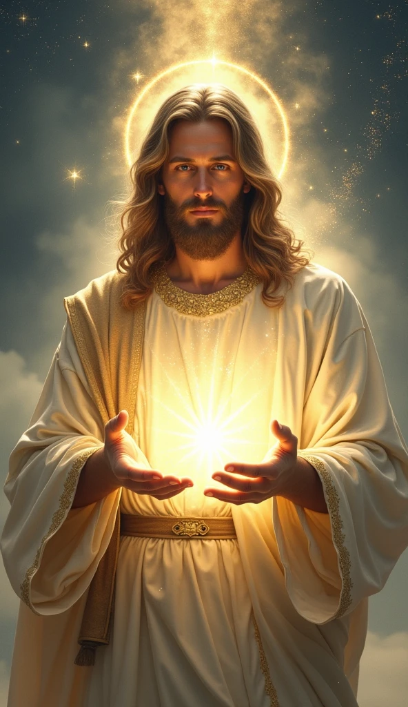 " An artistic representation of Jesus with long wavy hair and beard ...