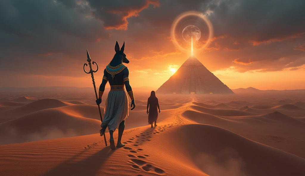 Anubis walking through an endless desert under a dramatic twilight sky ...