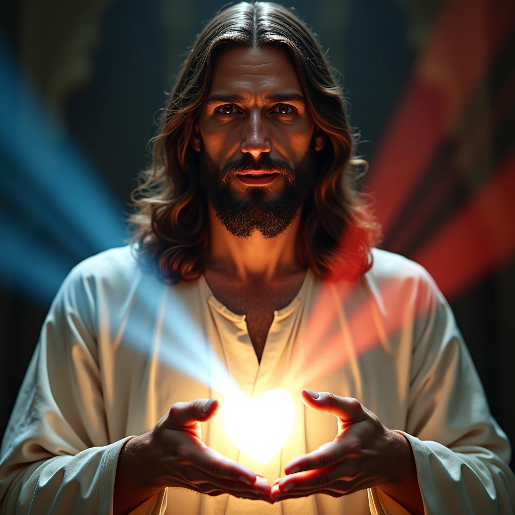 Ultra-realistic photography. Close-up of Jesus of Mercy. Radiant blue ...