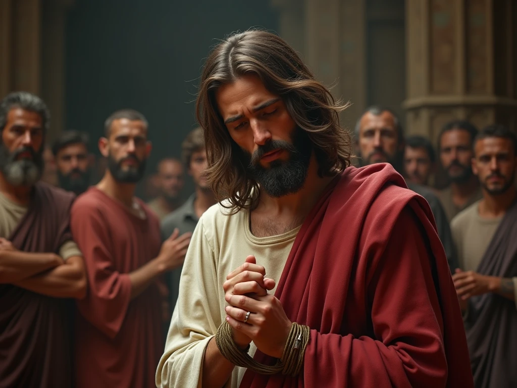 Jesus Christ with his hands tied, He's tired , bruised, a sleepless ...