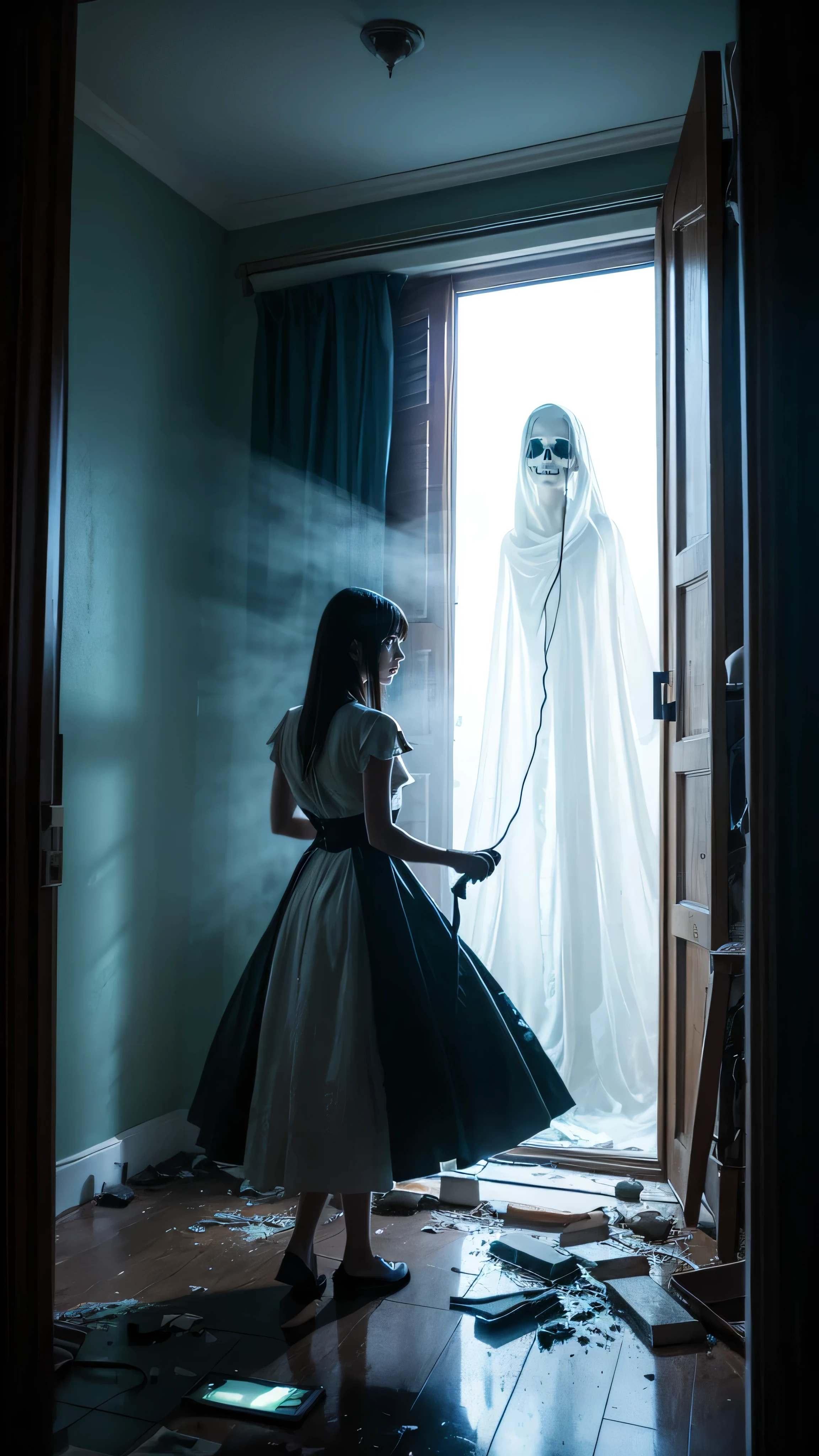 There is a woman standing in a doorway with a ghost behind her - SeaArt AI