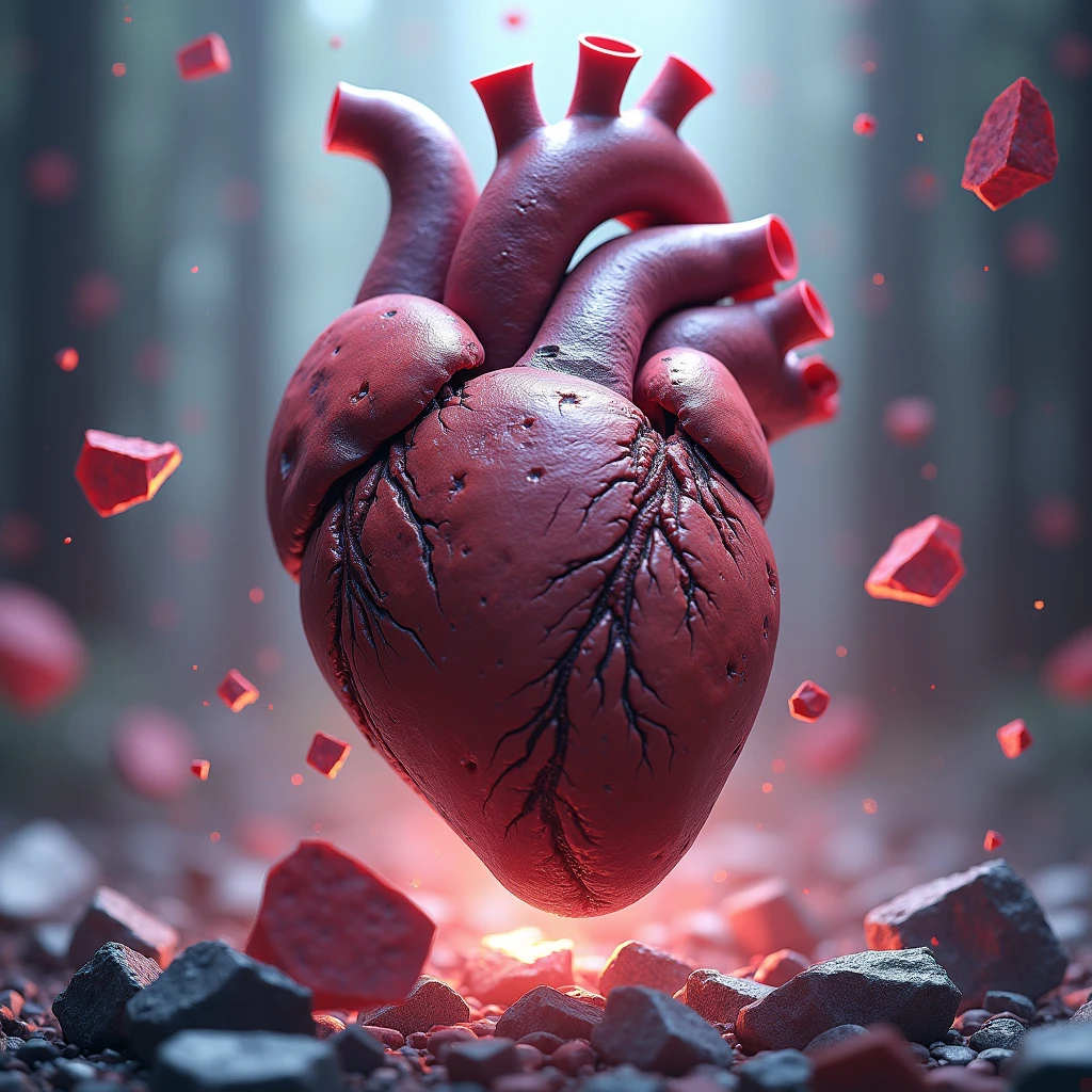 A detailed heart , gradually turning into stone, shards of rocks ...
