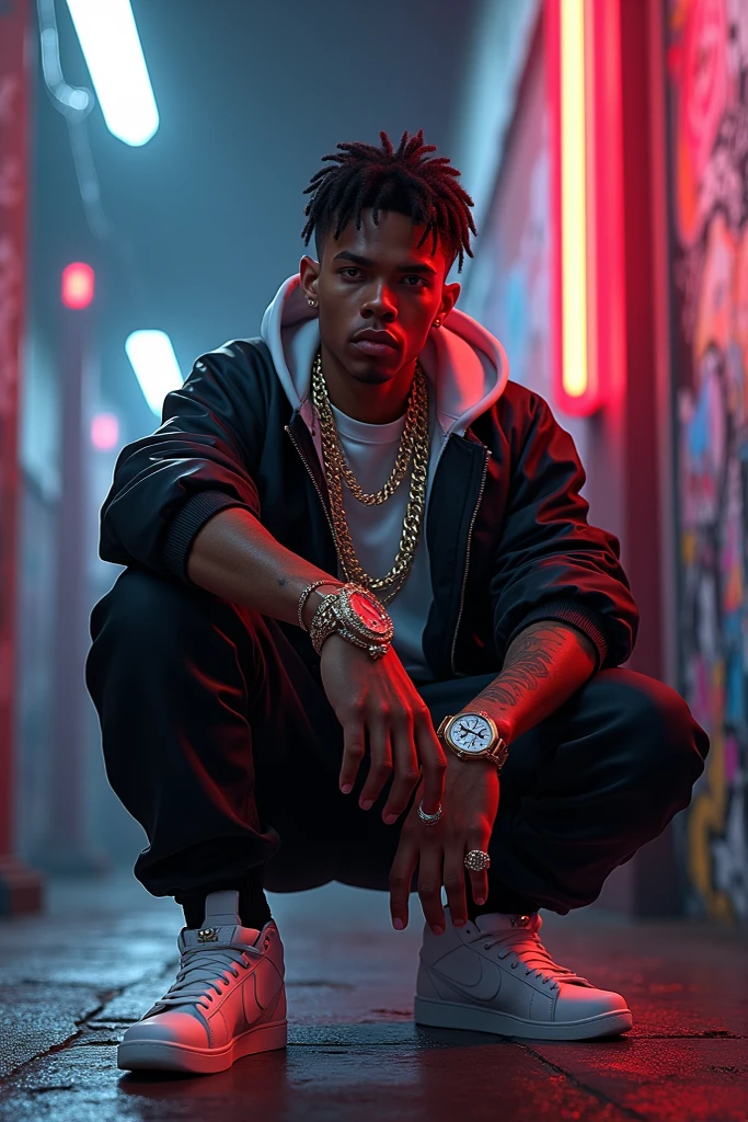 "Create a hyper-realistic digital art of a young male rapper with a ...