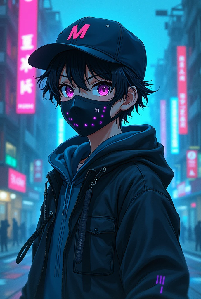 Male anime character with cap, Mask, neon azul - SeaArt AI